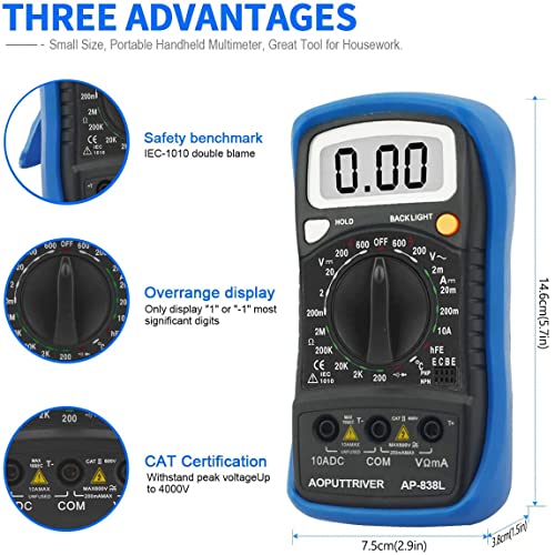 Digital Multimeter AP-838L Manual Range AC DC Amp Multimeter, Electric Tester Ohmmeter with Diode and Continuity Detector, Backlit Display and Insulated Rubber