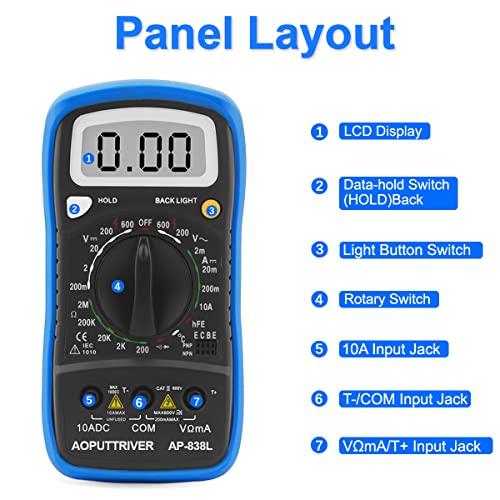 Digital Multimeter AP-838L Manual Range AC DC Amp Multimeter, Electric Tester Ohmmeter with Diode and Continuity Detector, Backlit Display and Insulated Rubber