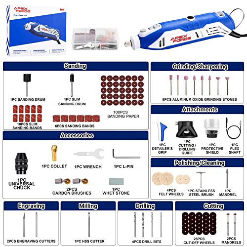 APEXFORGE M6 Variable Speed Rotary Tool Kit, Keyless Chuck & Flex Shaft, 172 Pcs Accessories, 6-Speed, 4 Attachments & Carrying Case for Craft Projects/DIY Creations/Cutting/Engraving