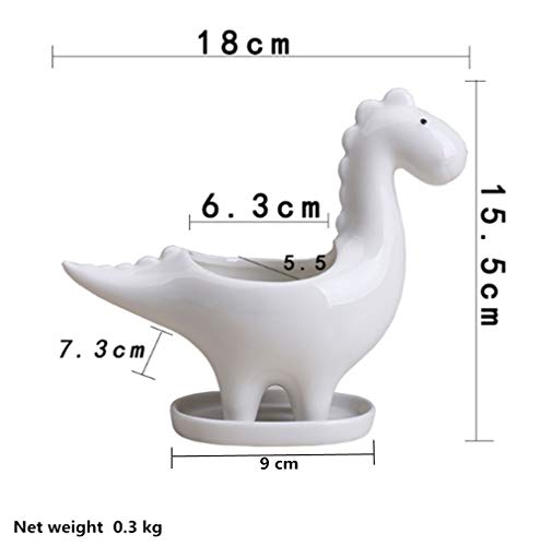 Hica Ceramic Plant Pot Dinosaur Shaped with Tray White Creative Flower Pot for Succulents Plants Multipurpose Vase Home Garden Decor (White)