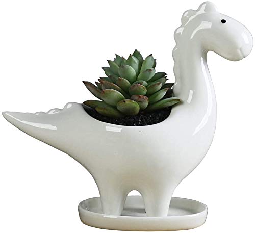 Hica Ceramic Plant Pot Dinosaur Shaped with Tray White Creative Flower Pot for Succulents Plants Multipurpose Vase Home Garden Decor (White)