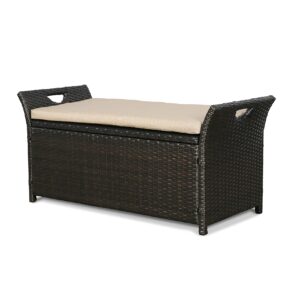 ulax furniture outdoor storage bench, deck box for patio furniture, rattan style deck box w/cushion (beige)