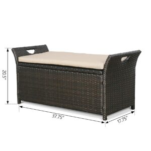 Ulax Furniture Outdoor Storage Bench, Deck Box for Patio Furniture, Rattan Style Deck Box w/Cushion (Beige)