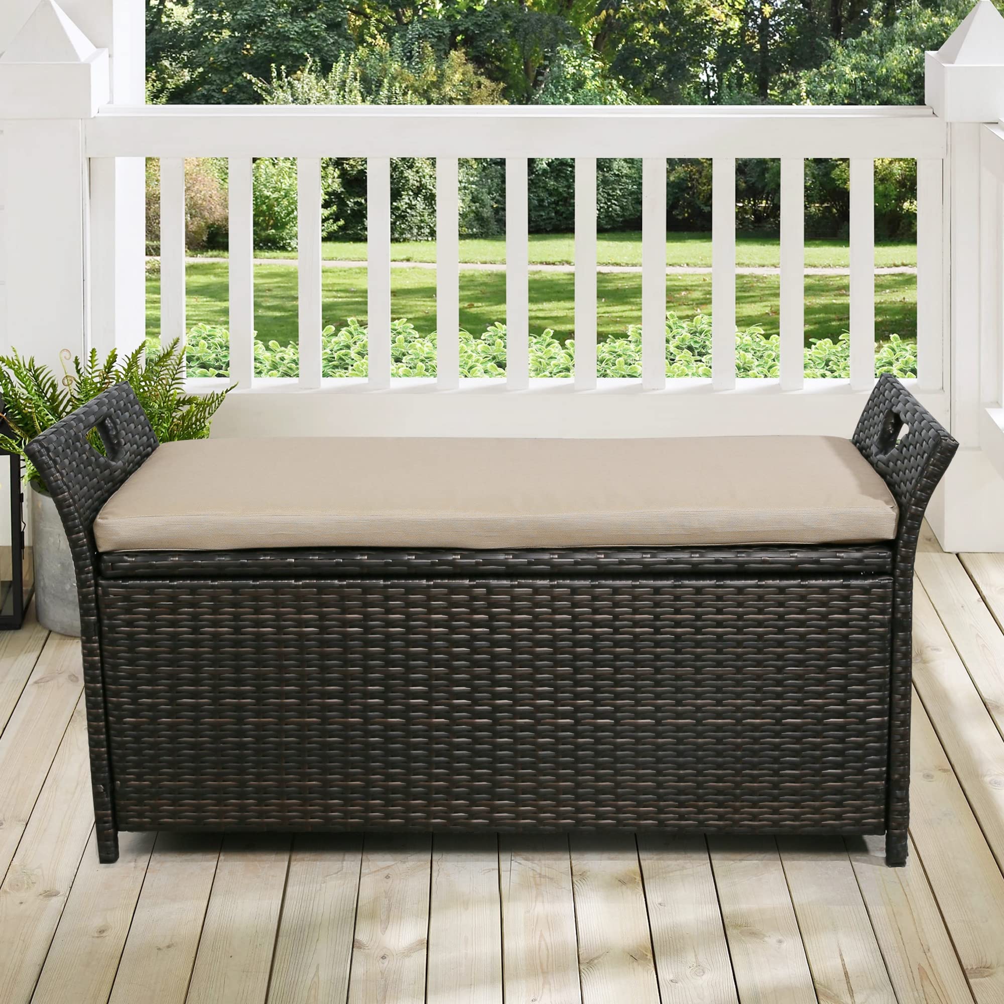 Ulax Furniture Outdoor Storage Bench, Deck Box for Patio Furniture, Rattan Style Deck Box w/Cushion (Beige)