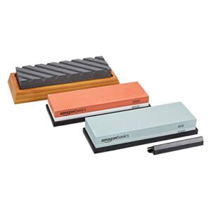 amazon basics whetstone knife sharpening wet stone dual sided 400/1000 and 3000/8000 grit stones, flattening stone, and non-slip 3-pc, bamboo base, black & grey