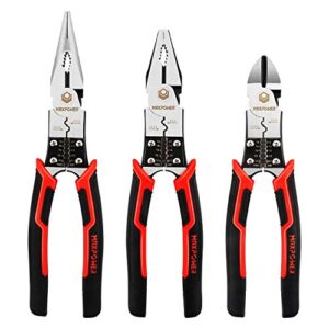 maxpower 3pcs pliers set, 5 in 1 multifunctional wire stripper crimper cutter, long nose pliers, diagonal side cutting pliers, linesman pliers 8 inch