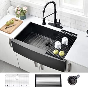 33 inch farmhouse sink black- vokim 33 inch black stainless stee farmhouse sink apron curved front kitchen sink 16 gauge single bowl gunmetal matte black stainless steel kitchen sink