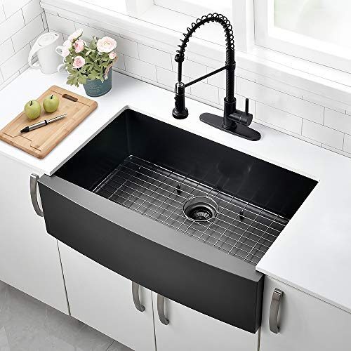 33 Inch Farmhouse Sink Black- VOKIM 33 Inch Black Stainless Stee Farmhouse Sink Apron Curved Front kitchen Sink 16 Gauge Single Bowl Gunmetal Matte Black Stainless Steel Kitchen Sink