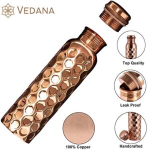 VEDANA Premium Honeycomb Ayurvedic Pure Copper Water Bottle | Leak Proof 1 Liter Copper Vessel for Drinking Water | Great Water Bottle for Sports, Yoga & Everyday Use