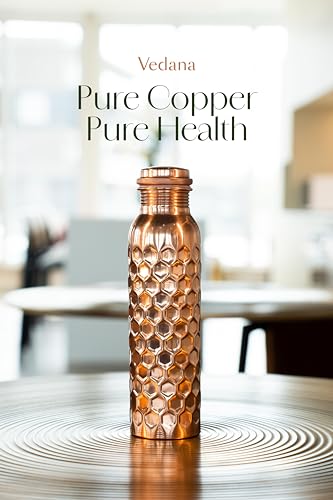 VEDANA Premium Honeycomb Ayurvedic Pure Copper Water Bottle | Leak Proof 1 Liter Copper Vessel for Drinking Water | Great Water Bottle for Sports, Yoga & Everyday Use