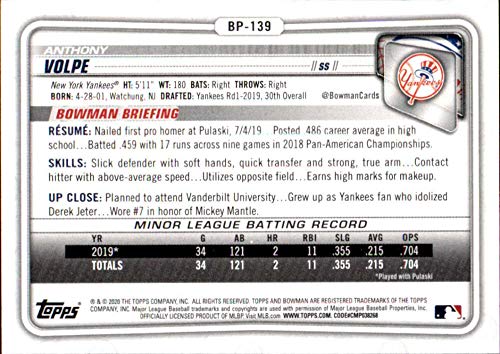 2020 Bowman Prospects #BP-139 Anthony Volpe New York Yankees RC Rookie MLB Baseball Trading Card