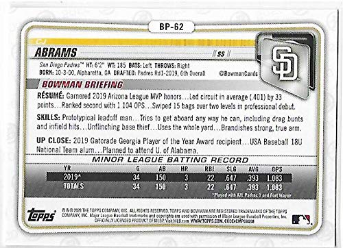 2020 Bowman Prospects #BP-62 CJ Abrams San Diego Padres RC Rookie MLB Baseball Trading Card