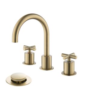 mr. faucet 2 cross-handle gold bathroom sink faucets with waste drain for 3 hole 4-16 inch deck sink, solid brass brushed gold