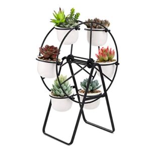 juxyes ferris wheel planter succulent plant stand with 6 flower pot, succulent plant bonsai holder ceramic succulent planter pot display stand rack for home office decor (black)