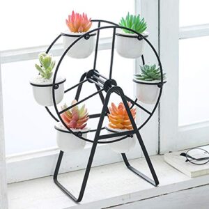 JUXYES Ferris Wheel Planter Succulent Plant Stand with 6 Flower Pot, Succulent Plant Bonsai Holder Ceramic Succulent Planter Pot Display Stand Rack for Home Office Decor (Black)