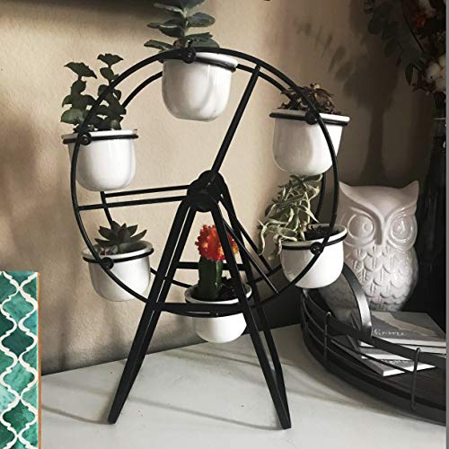 JUXYES Ferris Wheel Planter Succulent Plant Stand with 6 Flower Pot, Succulent Plant Bonsai Holder Ceramic Succulent Planter Pot Display Stand Rack for Home Office Decor (Black)