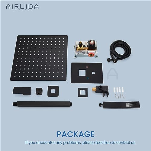 Airuida Matte Black 12 Inch Rainfall Shower System, Ceiling Mount Shower Faucet, Bathroom Shower Fixture with SUS304 Ultra-thin Rainfall Shower Head, Brass Handheld Shower Mixer with Rough-in Valve