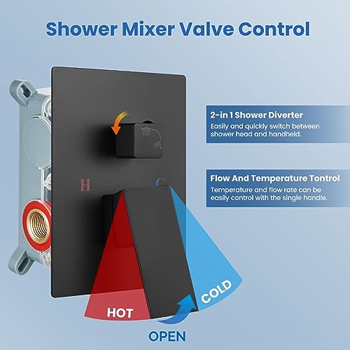 Airuida Matte Black 12 Inch Rainfall Shower System, Ceiling Mount Shower Faucet, Bathroom Shower Fixture with SUS304 Ultra-thin Rainfall Shower Head, Brass Handheld Shower Mixer with Rough-in Valve