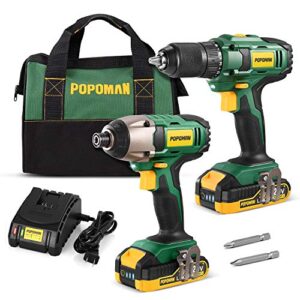 popoman drill combo kit, 20v 1600in-lbs impact driver, 398ln-lbs cordless drill, 59 min fast charging, 2x2.0ah batteries, led work light, metal chuck, 2pcs for drilling metal- bhd620b