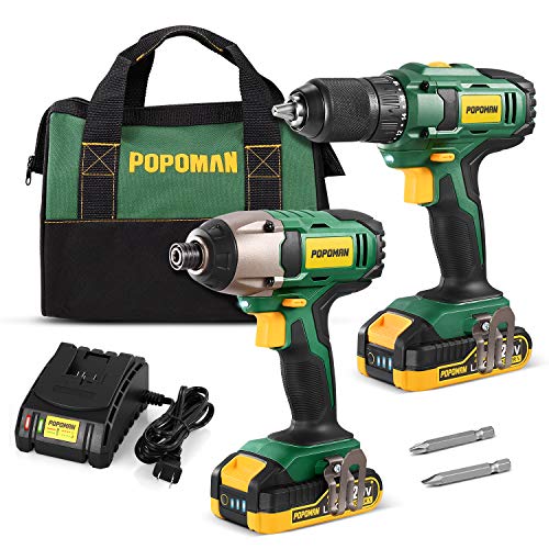 POPOMAN Drill Combo Kit, 20V 1600In-lbs Impact Driver, 398ln-lbs Cordless Drill, 59 Min Fast Charging, 2x2.0Ah Batteries, LED Work Light, Metal Chuck, 2PCS for Drilling Metal- BHD620B