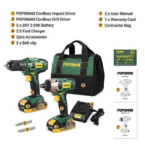 POPOMAN Drill Combo Kit, 20V 1600In-lbs Impact Driver, 398ln-lbs Cordless Drill, 59 Min Fast Charging, 2x2.0Ah Batteries, LED Work Light, Metal Chuck, 2PCS for Drilling Metal- BHD620B