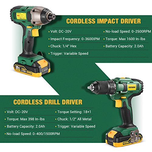 POPOMAN Drill Combo Kit, 20V 1600In-lbs Impact Driver, 398ln-lbs Cordless Drill, 59 Min Fast Charging, 2x2.0Ah Batteries, LED Work Light, Metal Chuck, 2PCS for Drilling Metal- BHD620B