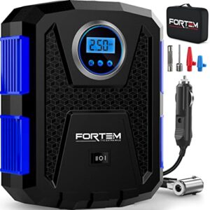 fortem tire inflator portable air compressor 150 psi, bike pump, 12v electric air pump for car tires and bicycles w/led light, digital tire pressure gauge w/auto pump/shut off, carrying case (blue)