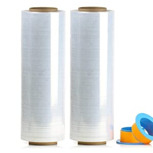 2 Pack 1500ft Industrial Clear Stretch Wrap Film 70 Gauge 15" with 3inch Plastic Rolling Handle for Pallet Wrap, Durable Self-Adhering Packing, Moving, Packaging, Heavy Duty Shrink Film, BOMEI PACK