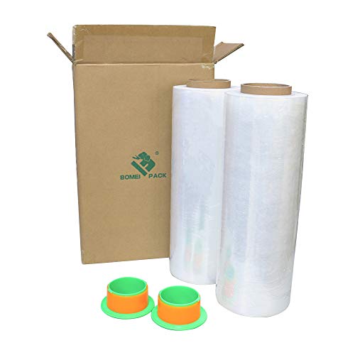 2 Pack 1500ft Industrial Clear Stretch Wrap Film 70 Gauge 15" with 3inch Plastic Rolling Handle for Pallet Wrap, Durable Self-Adhering Packing, Moving, Packaging, Heavy Duty Shrink Film, BOMEI PACK