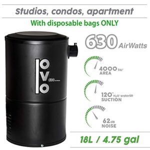 OVO, Black Compact and Powerful Central Vacuum System, Condo Vac, 630 Air Watts, Use with Disposable Bags, 18L or 4.75Gal