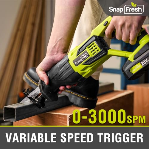 Reciprocating Saw - SnapFresh Cordless Reciprocating Saw for Woods Metal Plastic Cutting, 0-3000 SPM Powerful Motor Reciprocating Saw, Lightweight Cordless Design, Battery-powered