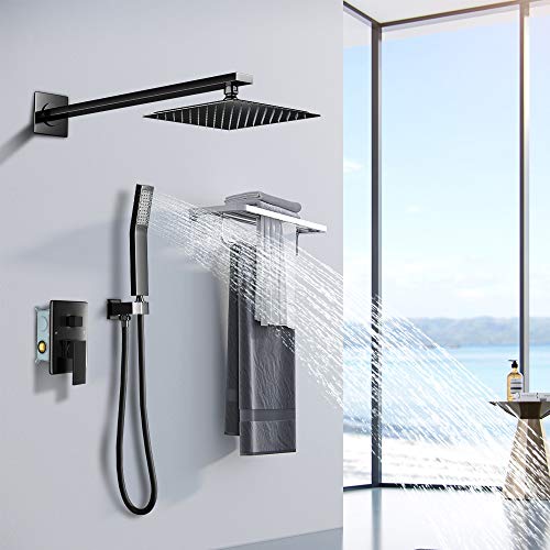 RUIFUDA Matte Black Shower System, 10" Shower Faucet Set Bathroom Luxury Rain Mixer Shower Combo Set Wall Mounted Rainfall Shower Head System (Rough-in Valve Body and Trim Included)