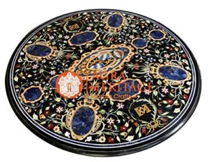 black marble round 42" dining table top lapis inlay design hallway restaurant decor