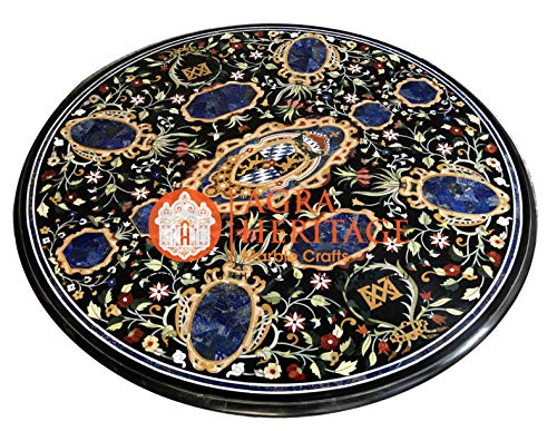 Black Marble Round 42" Dining Table Top Lapis Inlay Design Hallway Restaurant Decor