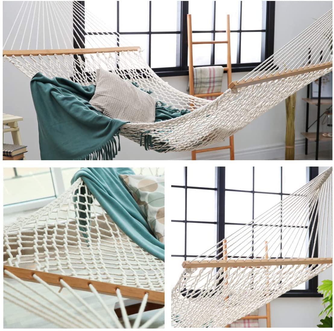 Y- STOP Hammocks, Traditional Cotton Rope Hammock with Chains and Hooks for Outdoor, Indoor, Patio Yard, Double Solid Wood, for Two Person, Max 440 Lbs (Natural)