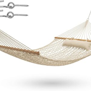 Y- STOP Hammocks, Traditional Cotton Rope Hammock with Chains and Hooks for Outdoor, Indoor, Patio Yard, Double Solid Wood, for Two Person, Max 440 Lbs (Natural)