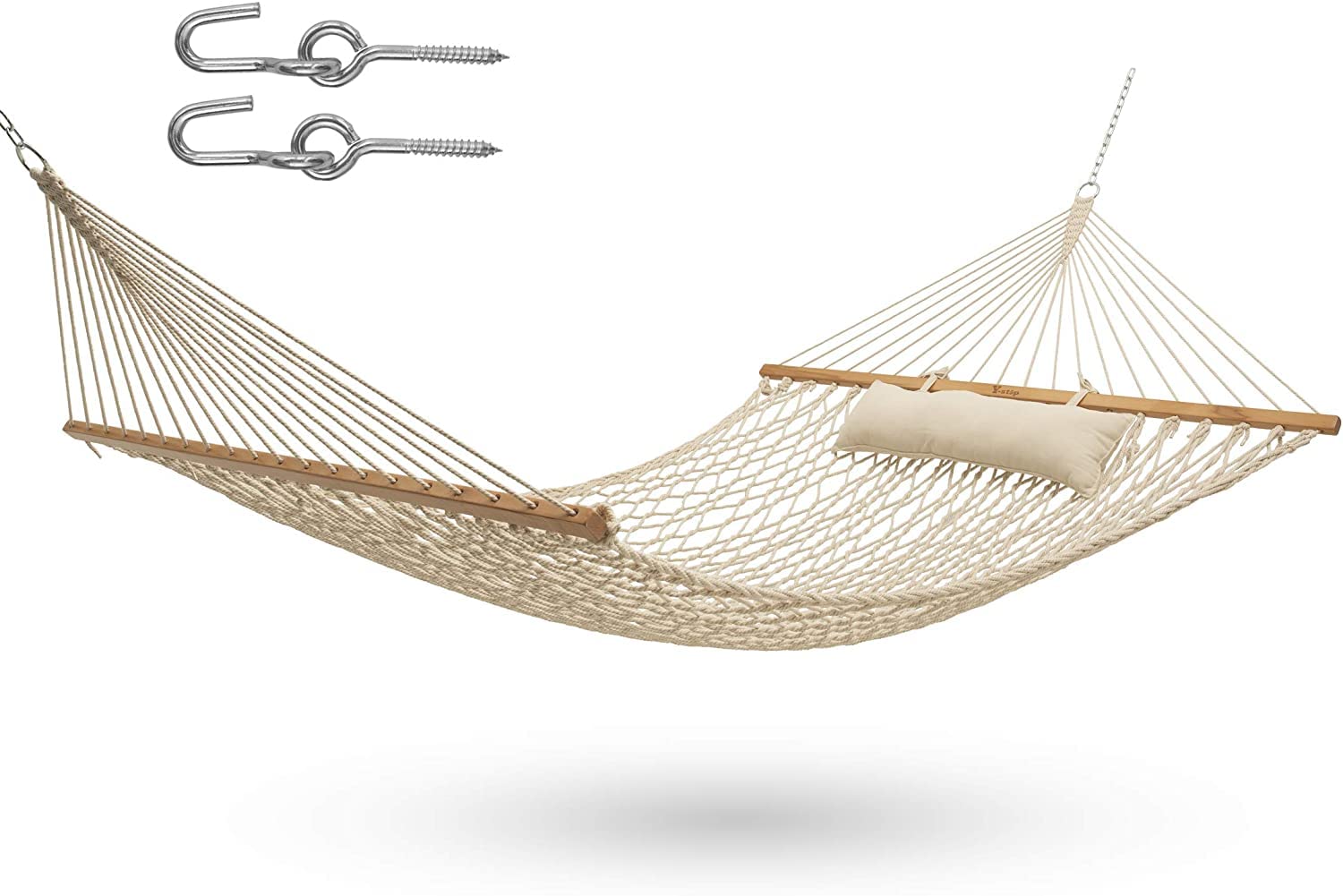 Y- STOP Hammocks, Traditional Cotton Rope Hammock with Chains and Hooks for Outdoor, Indoor, Patio Yard, Double Solid Wood, for Two Person, Max 440 Lbs (Natural)