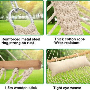 Y- STOP Hammocks, Traditional Cotton Rope Hammock with Chains and Hooks for Outdoor, Indoor, Patio Yard, Double Solid Wood, for Two Person, Max 440 Lbs (Natural)