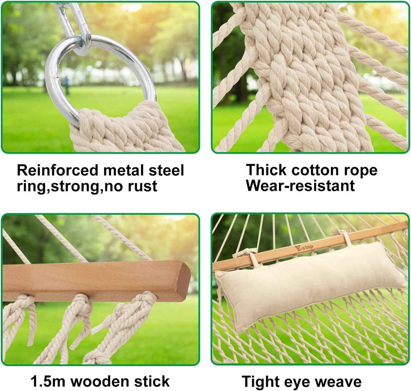 Y- STOP Hammocks, Traditional Cotton Rope Hammock with Chains and Hooks for Outdoor, Indoor, Patio Yard, Double Solid Wood, for Two Person, Max 440 Lbs (Natural)