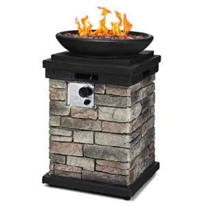 giantex propane firebowl column, 40,000 btu outdoor gas fire pit, compact ledgestone firepit table with lava rocks and rain cover