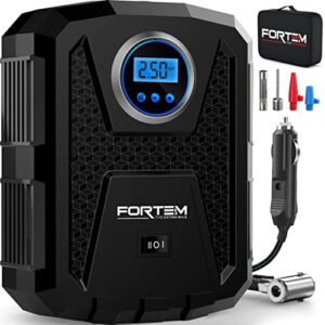 fortem tire inflator portable air compressor 150 psi, 12v electric bike pump for car tires and bicycles with led light, digital tire pressure gauge w/auto pump/shut off, carrying case (black)