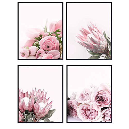 Flower Wall Art for Women - Shabby Chic Floral Home Decor, Decoration - Girls Bedroom, Living Room, Bathroom, Dining Room, Office - Pink Roses, Peonies, Succulents, Tropical Cactus - UNFRAMED 8x10 Set