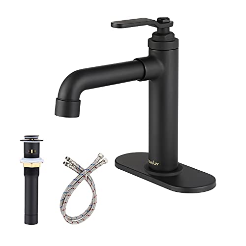 NEWATER Single-Handle Brass Bathroom Sink Faucet One Hole Deck Mount Vanity Faucets Basin Mixer Tap Rv Commercial Lavatory Faucet with Metal Pop Up Drain & Supply Lines，Matte Black