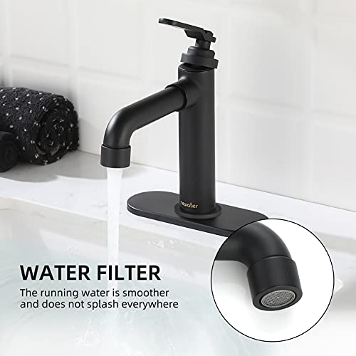 NEWATER Single-Handle Brass Bathroom Sink Faucet One Hole Deck Mount Vanity Faucets Basin Mixer Tap Rv Commercial Lavatory Faucet with Metal Pop Up Drain & Supply Lines，Matte Black