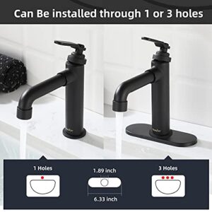 NEWATER Single-Handle Brass Bathroom Sink Faucet One Hole Deck Mount Vanity Faucets Basin Mixer Tap Rv Commercial Lavatory Faucet with Metal Pop Up Drain & Supply Lines，Matte Black