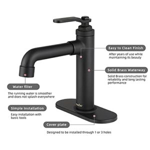 NEWATER Single-Handle Brass Bathroom Sink Faucet One Hole Deck Mount Vanity Faucets Basin Mixer Tap Rv Commercial Lavatory Faucet with Metal Pop Up Drain & Supply Lines，Matte Black