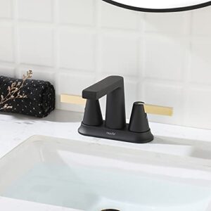 NEWATER 2-Handle Brass Bathroom Sink Faucet 4-Inch Centerset Modern Bath Vanity Faucets 2-3 Hole Rv Commercial Lavatory Faucet with Metal Pop-up Sink Drain & Faucet Supply Lines，Matte Black