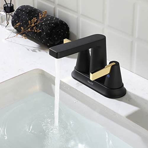 NEWATER 2-Handle Brass Bathroom Sink Faucet 4-Inch Centerset Modern Bath Vanity Faucets 2-3 Hole Rv Commercial Lavatory Faucet with Metal Pop-up Sink Drain & Faucet Supply Lines，Matte Black