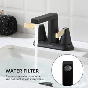 NEWATER 2-Handle Brass Bathroom Sink Faucet 4-Inch Centerset Modern Bath Vanity Faucets 2-3 Hole Rv Commercial Lavatory Faucet with Metal Pop-up Sink Drain & Faucet Supply Lines，Matte Black