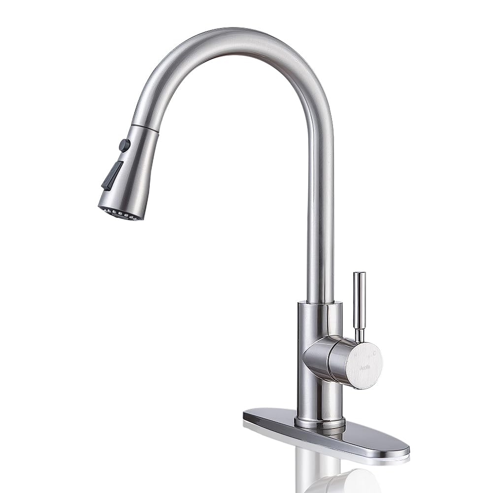 Arofa Kitchen Faucet with Pull Down Sprayer, Brushed Nickel Kitchen Sink Faucet Single Handle Stainless Steel for 1 or 3 Hole Farmhouse Camper Laundry Utility Rv Bar Sinks